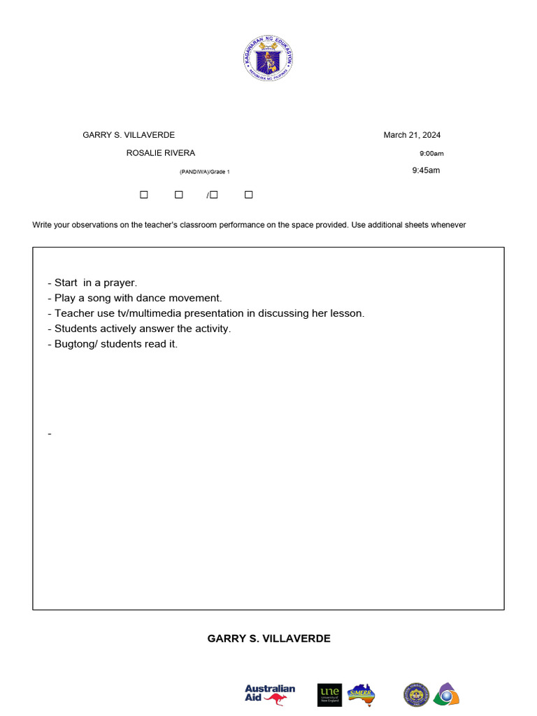 MAM Rosalie COT3 RPMS Observation Notes Form | PDF