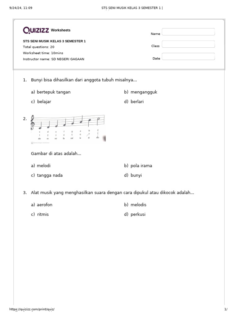STS SENI MUSIK KELAS 3 SEMESTER 1 - Quizizz | PDF