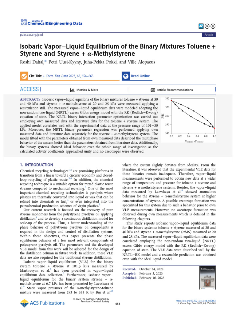 Dahal Et Al 2023 Isobaric Vapor Liquid Equilibrium of the Binary ...