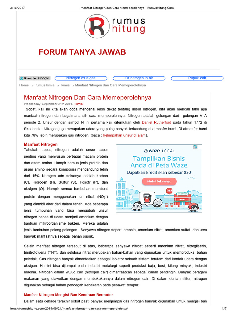 Manfaat Nitrogen Dan Cara Memeperolehnya - RumusHitung | PDF