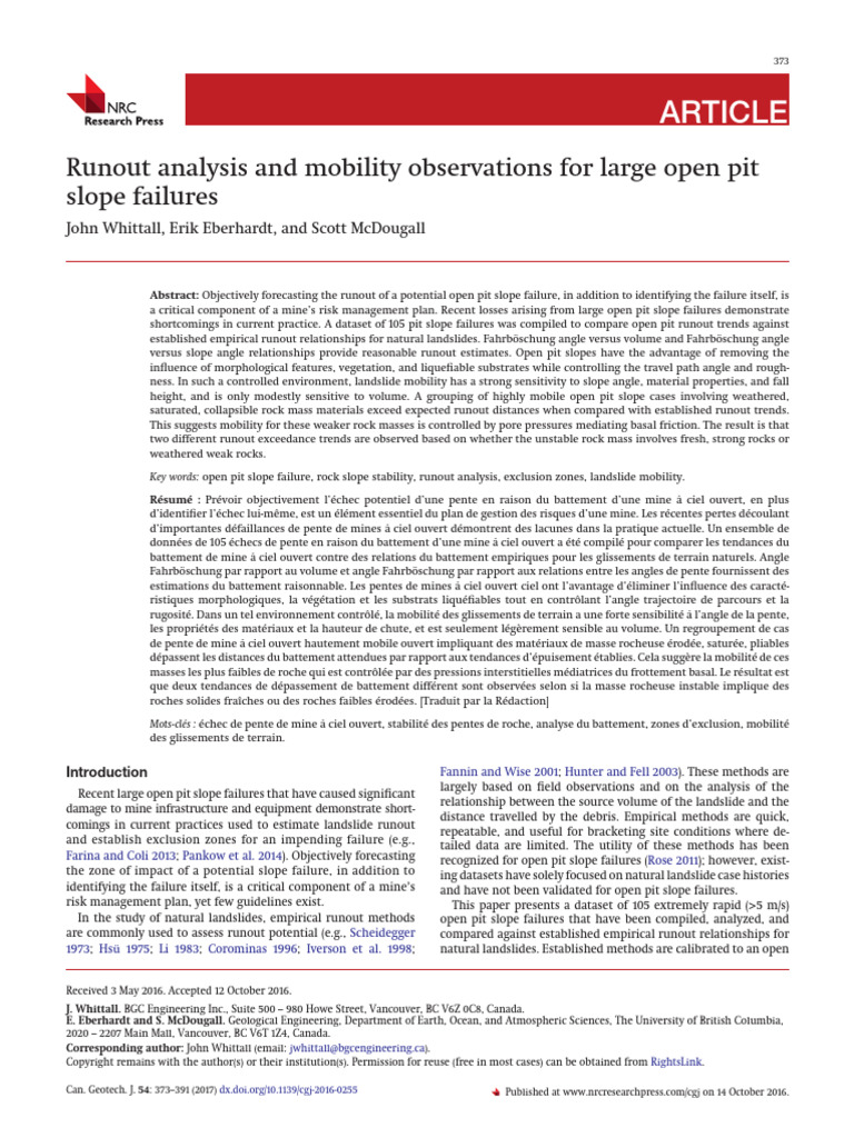 Whittall Et Al 2016 Runout Analysis and Mobility Observations For Large Open Pit Slope Failures ...