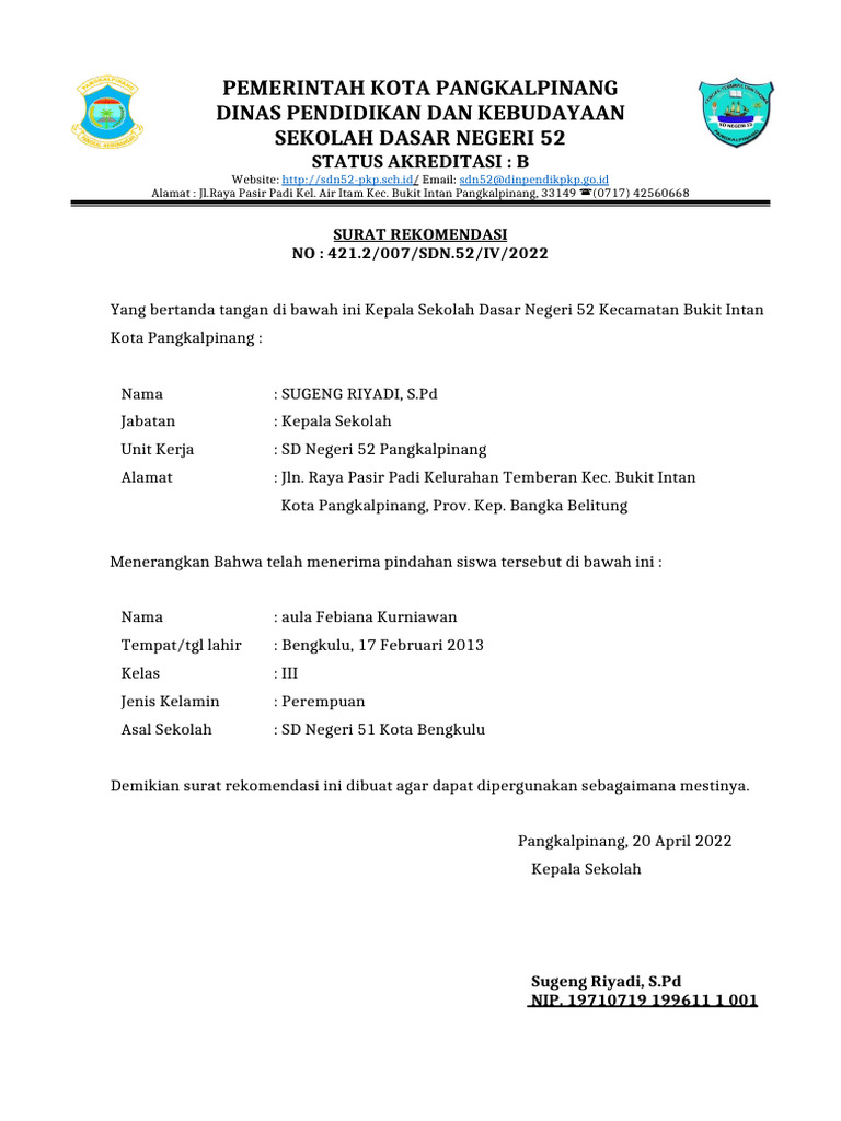 Surat Rekomendasi Pindah Siswa 2023 2024 Pdf