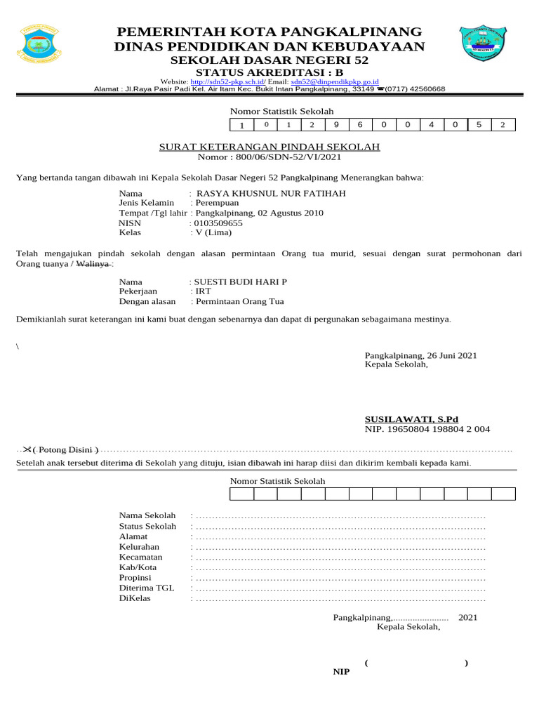 Surat Keterangan Pindah Sekolah 2024 | PDF