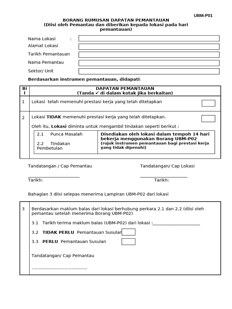 UBM-P01 BORANG RUMUSAN DAPATAN PEMANTAUAN | PDF
