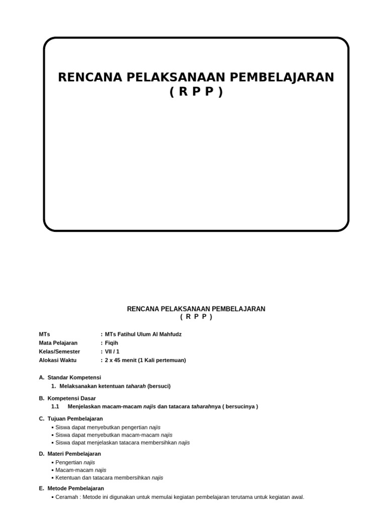 Contoh Perangkat RPP Fiqih Kelas VII MTs Semester 1 2 | PDF