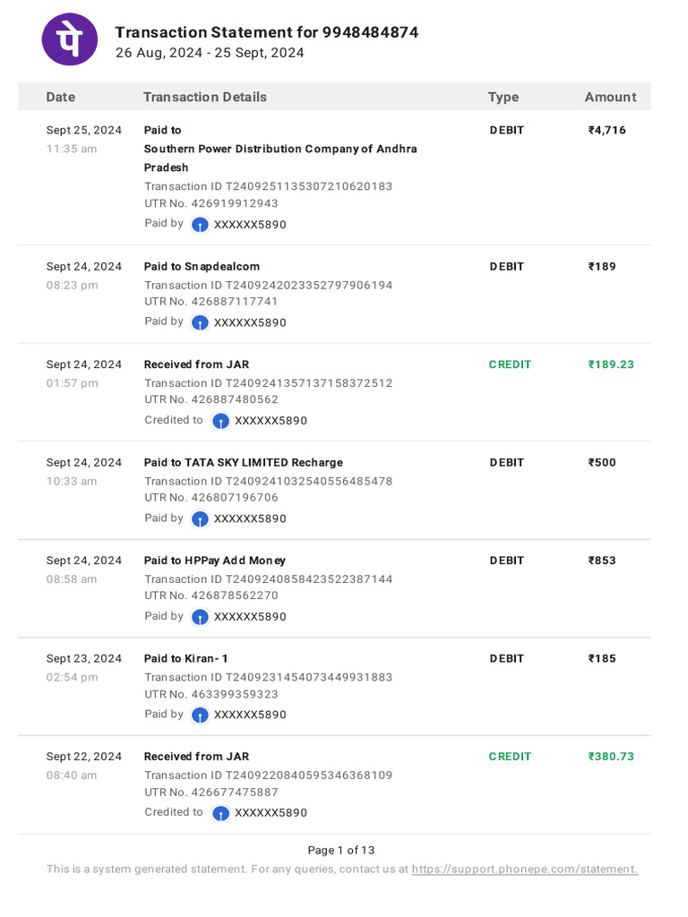 PhonePe Statement Aug2024 Sept2024 | PDF