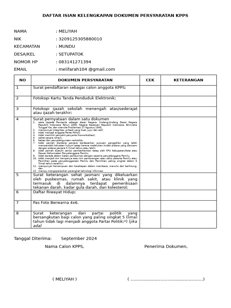 KPPS - Daftar Isian Kelengkapan Dokumen Persyaratan KPPS | PDF