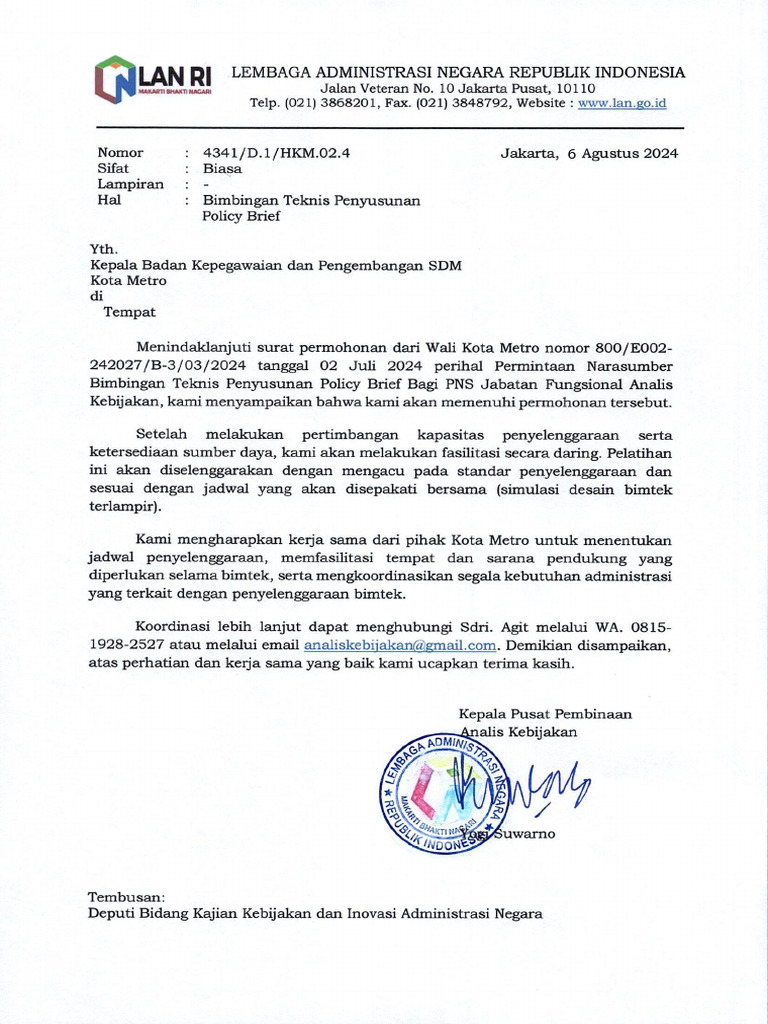 Surat Bimtek PB Metro | PDF