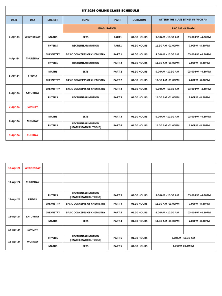 Iit 2026 Time Table 2 | PDF