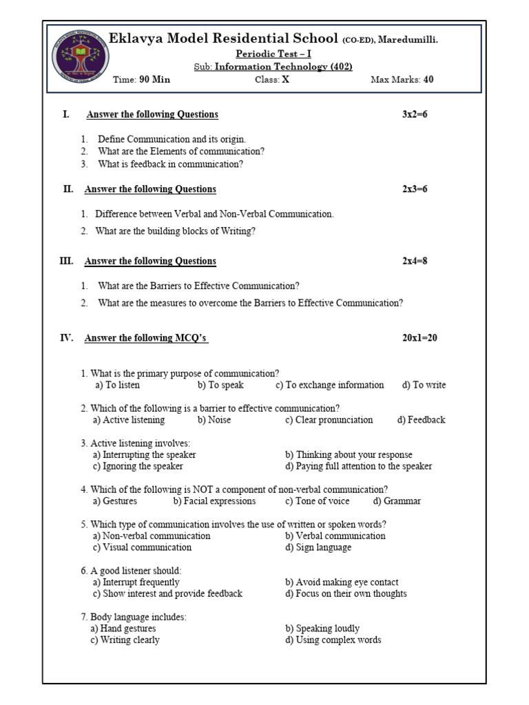 Eklavya Model Residential School: I. Answer The Following Questions 3x2 ...