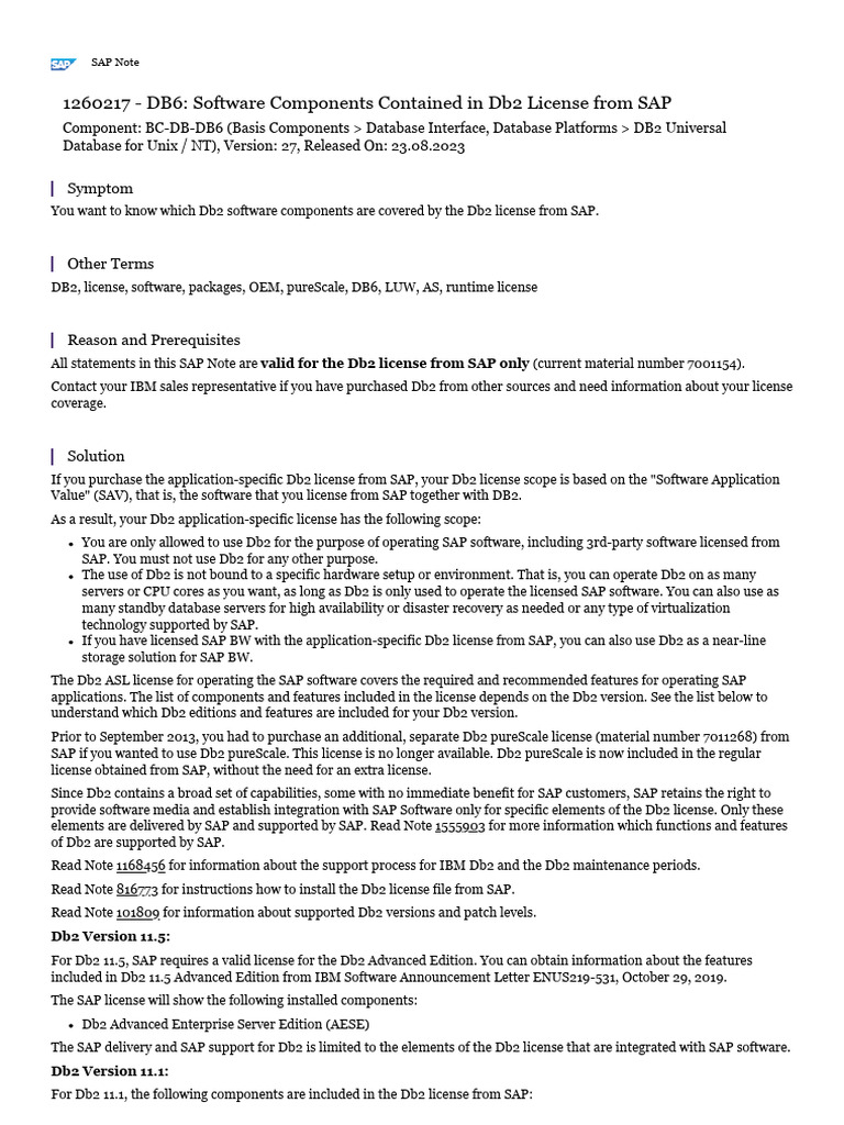 SAP DB2 License Notes | PDF
