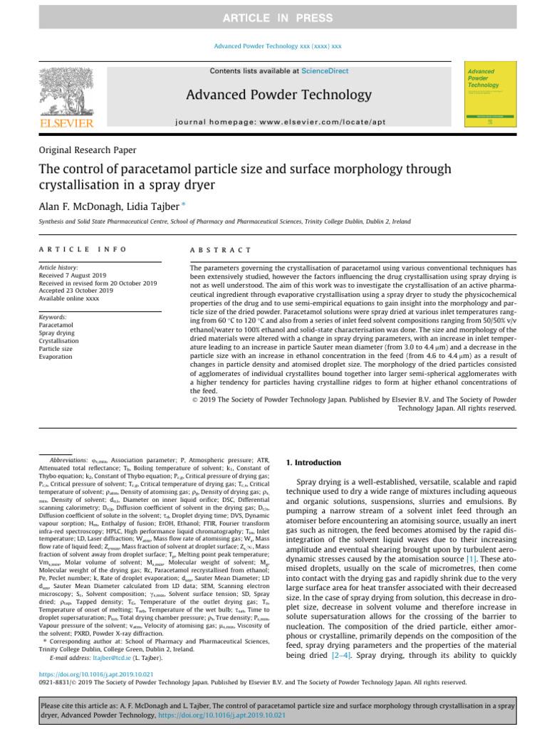 The Control of Paracetamol Particle Size and Surface Morphology Through ...