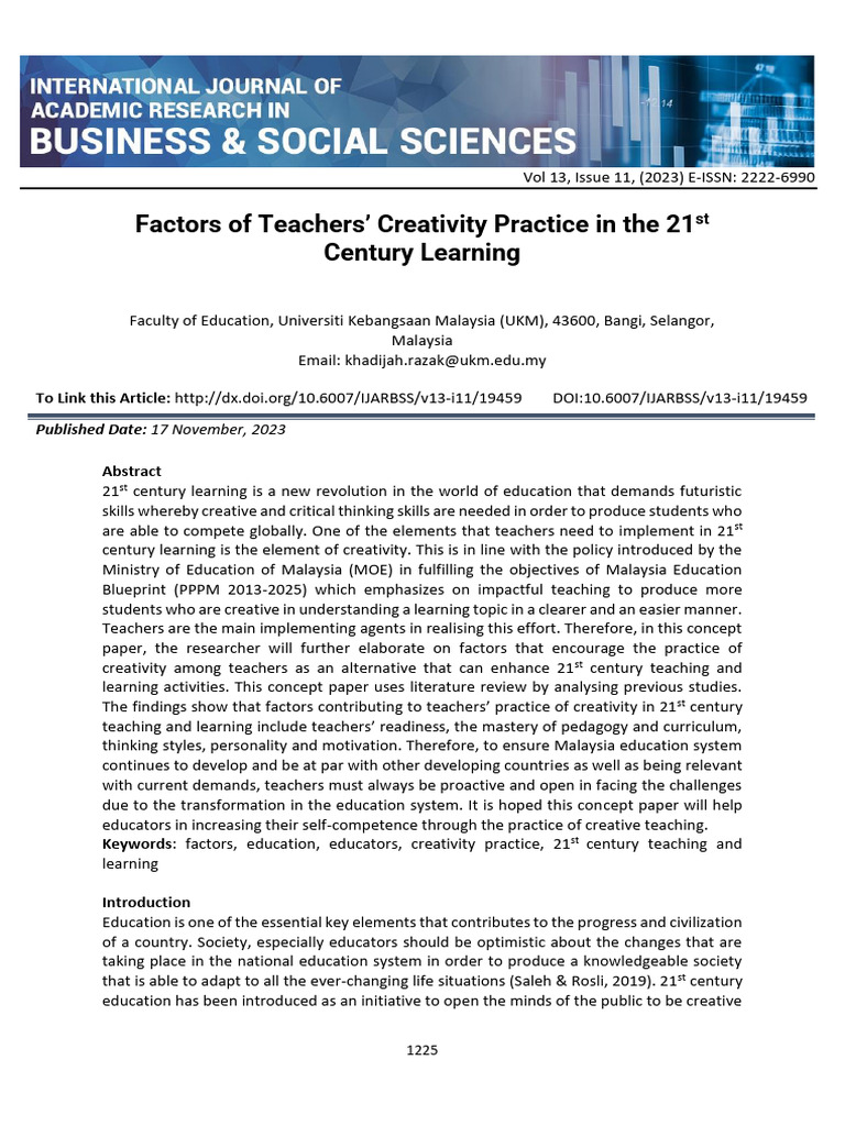 Factors of Teachers Creativity Practice in The 21st Century Learning | PDF