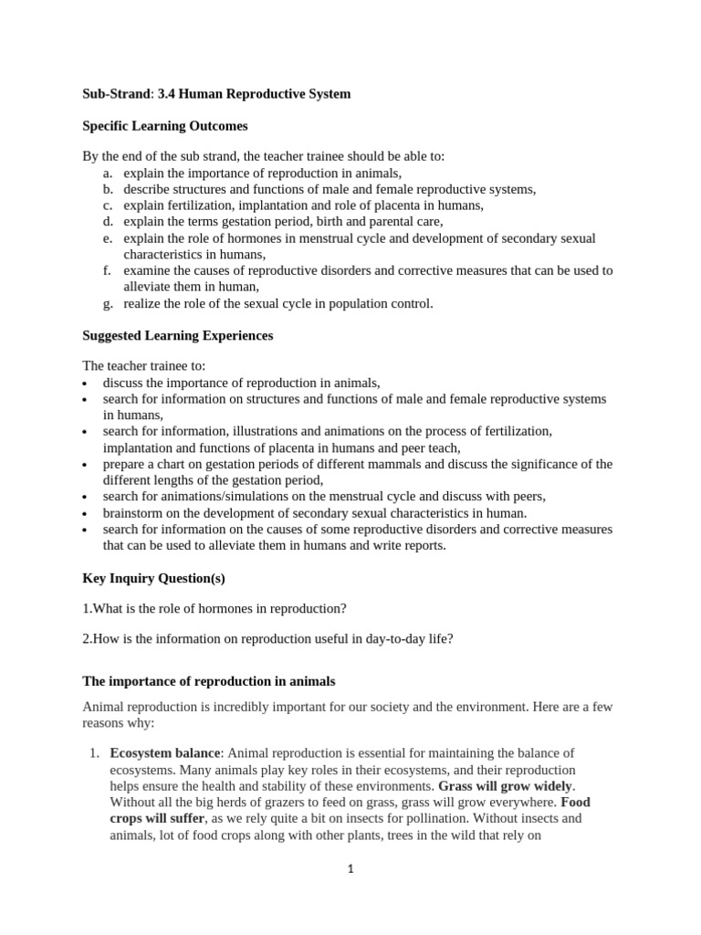NOTES FOR STUDENTS - Sub-Strand-Human Reproductive System-1 | PDF ...