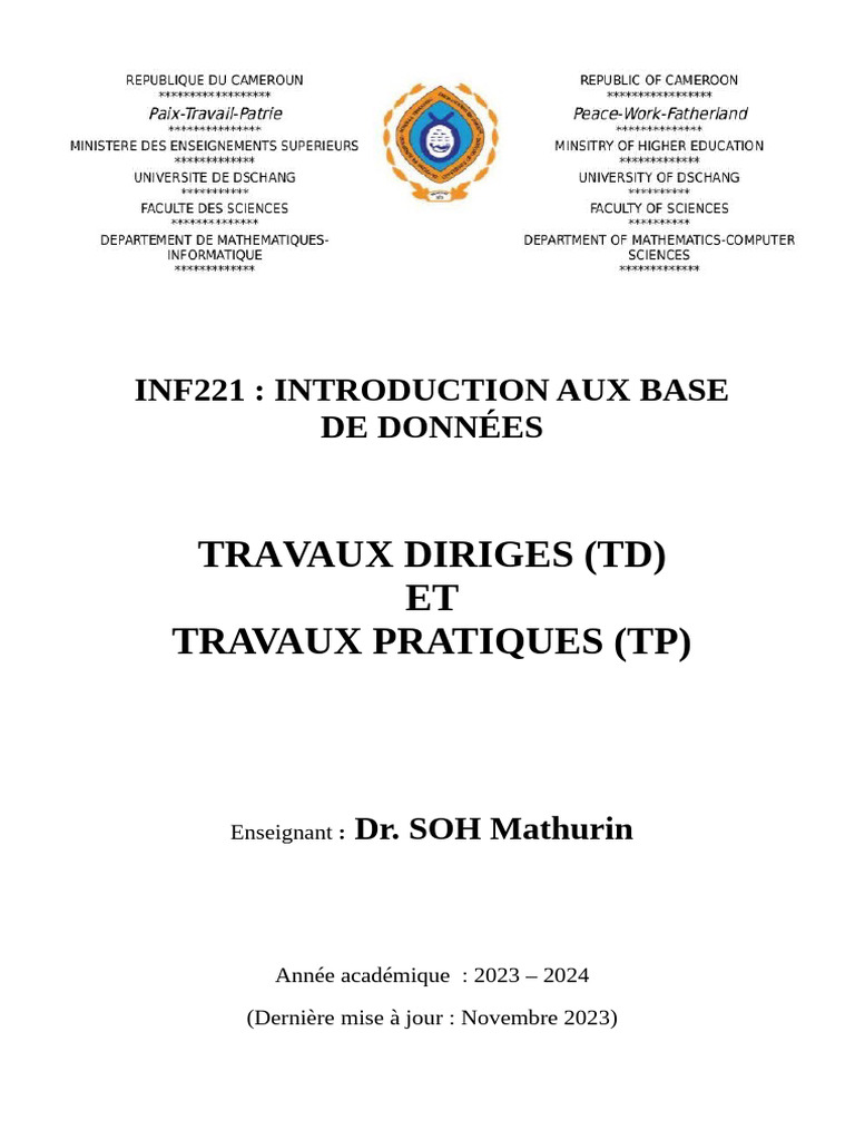 Travaux Diriges (TD) ET Travaux Pratiques (TP) : Inf221: Introduction ...