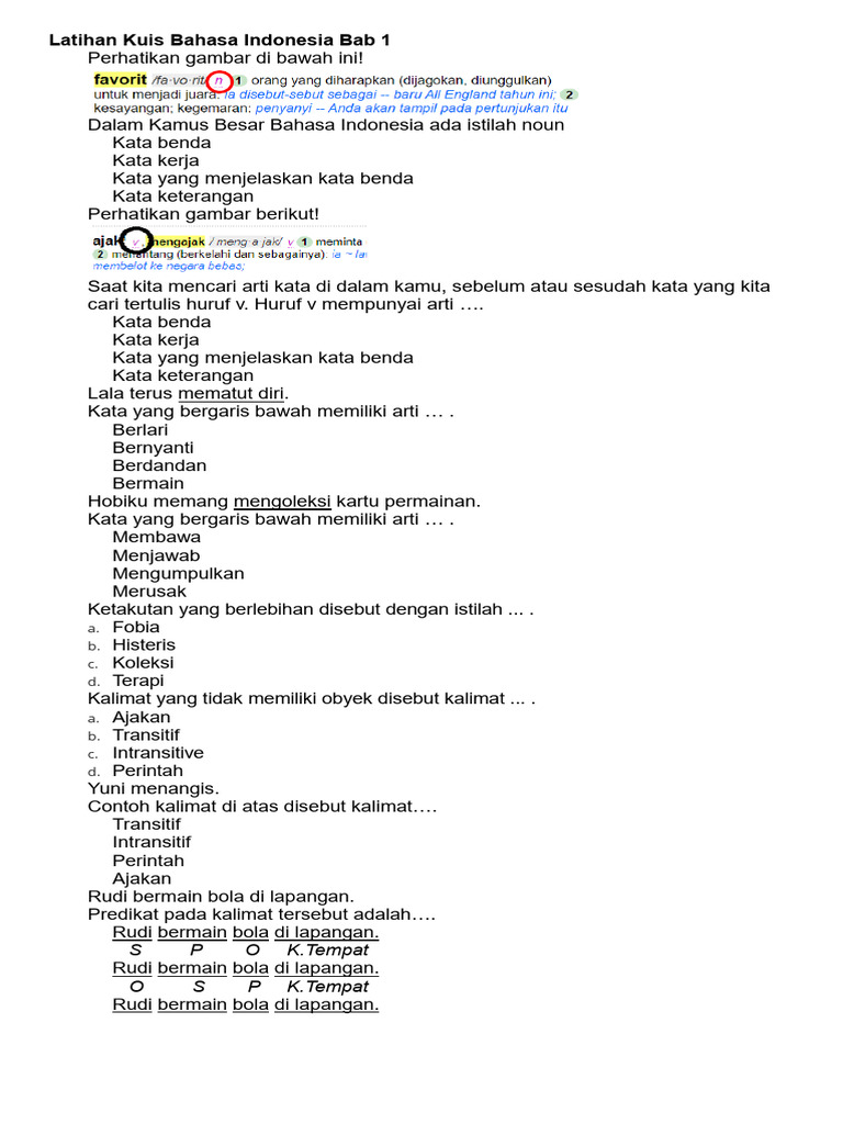 Latihan Kuis Bahasa Indonesia Bab 1 | PDF