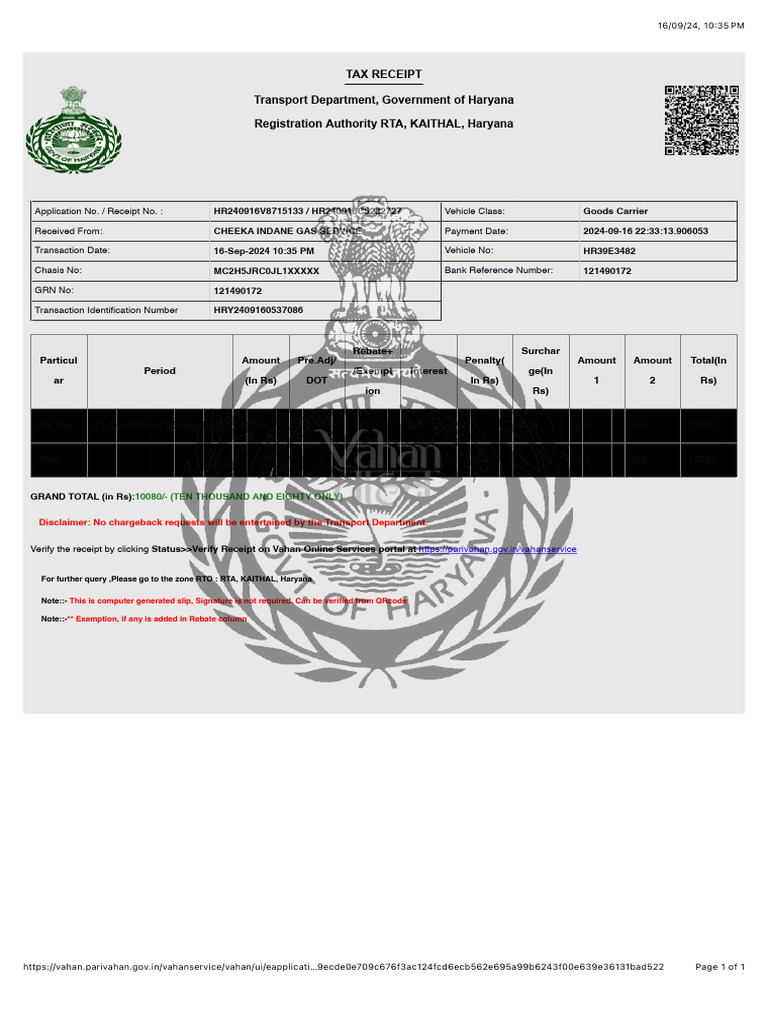 Tax Receipt Transport Department, Government of Haryana Registration Authority RTA, KAITHAL ...