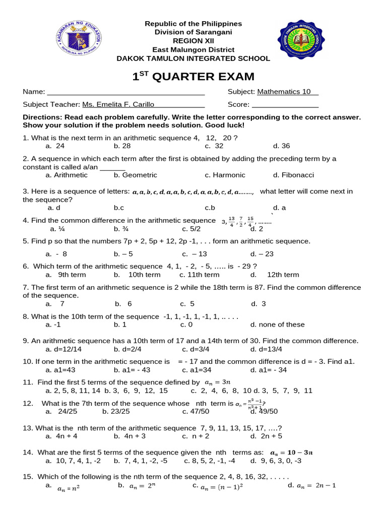 Q1 Exam Math 10 | PDF