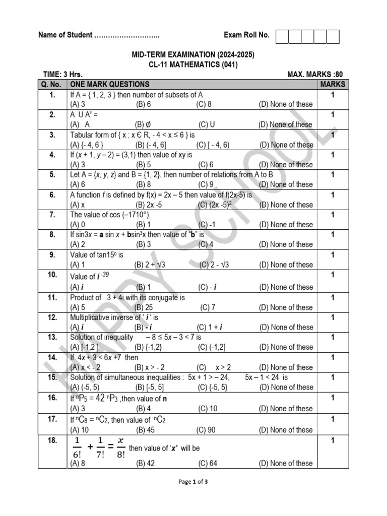 Cl-11 (2024-2025) Mid-Term Mathematics (041) Question Paper | PDF