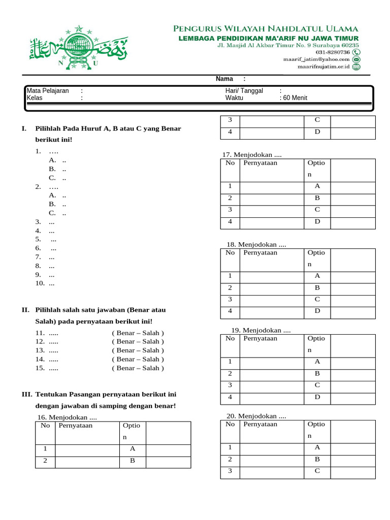 Naskah Soal Mapel .... Kelas 1 2 3 (Nama Penyusun) | PDF