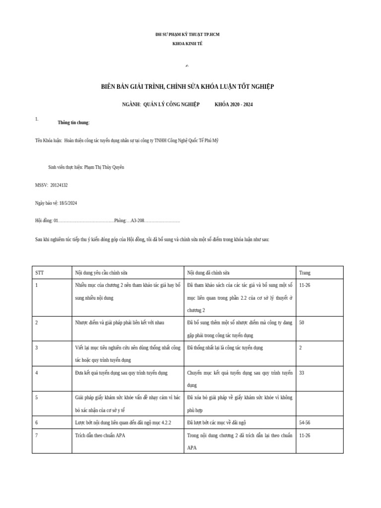 Phụ lục 3.Biên bản giải trình chỉnh sửa KLTN | PDF