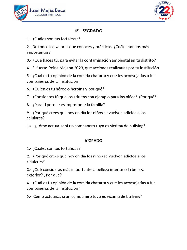 Preguntas de Reinado 4º - 5º y 6º Primaria 2024 | PDF