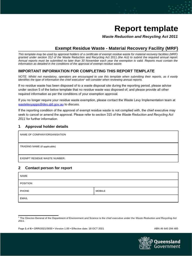 Wastelevy Report Template Exempt Residue Waste Material Recovery ...