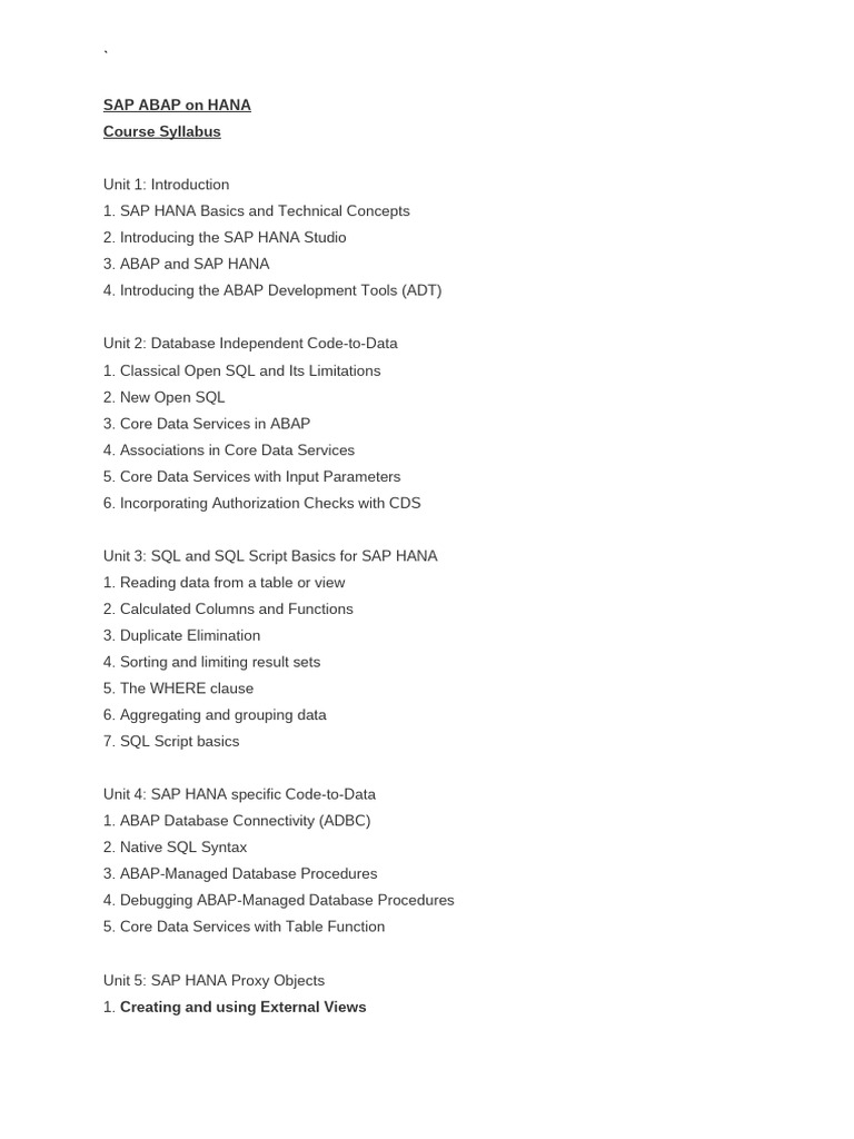SAP ABAP On HANA Course Syallabus | PDF