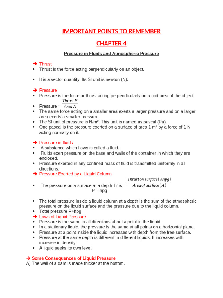 IMPORTANT POINTS TO REMEMBER CHAPTER 4 and 7 | PDF | Pressure | Mirror
