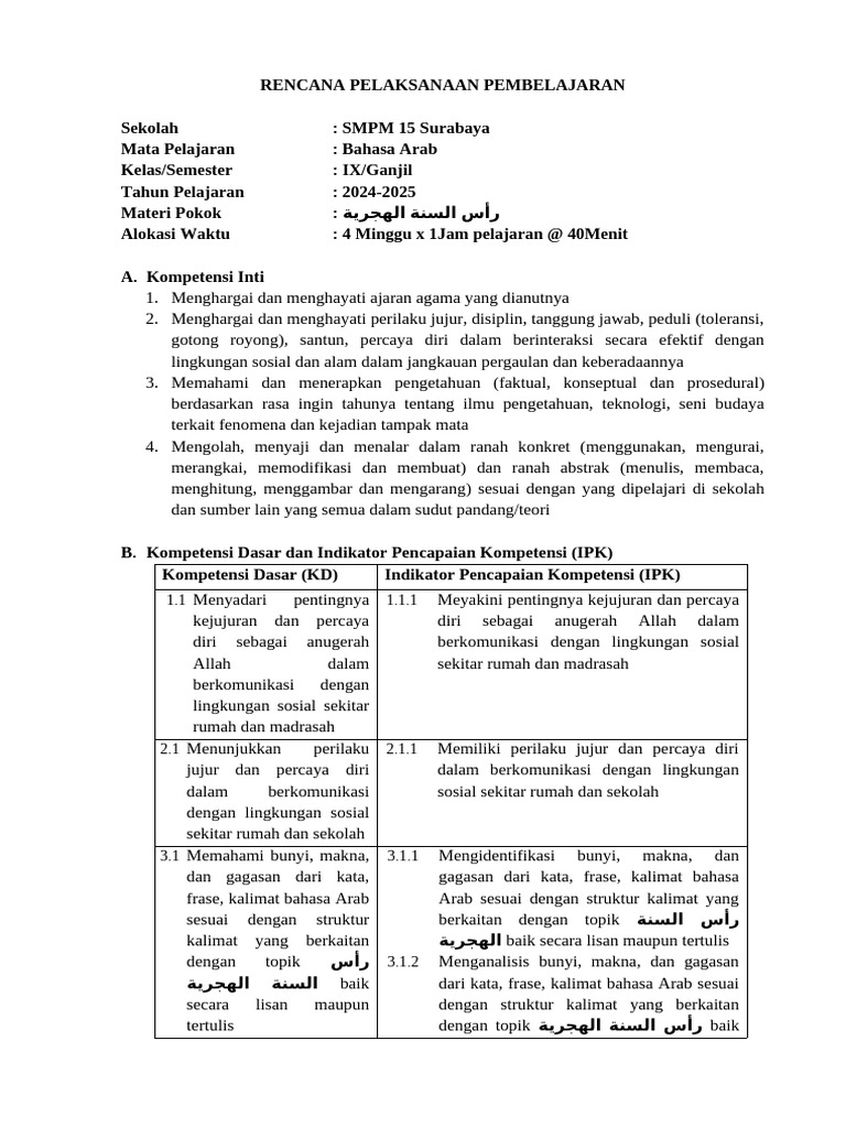 RPP Bahasa Arab Kelas 9 | PDF