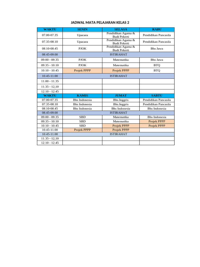Jadwal Pelajaran Kelas 2 | PDF