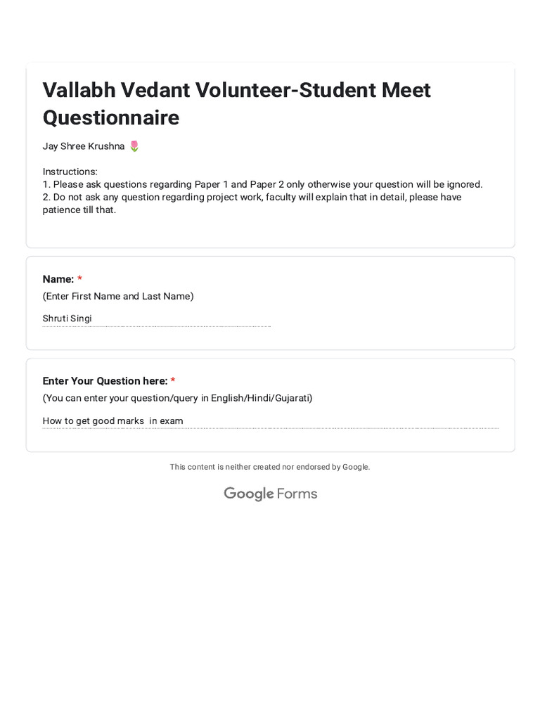 Vallabh Vedant Volunteer-Student Meet Questionnaire | PDF