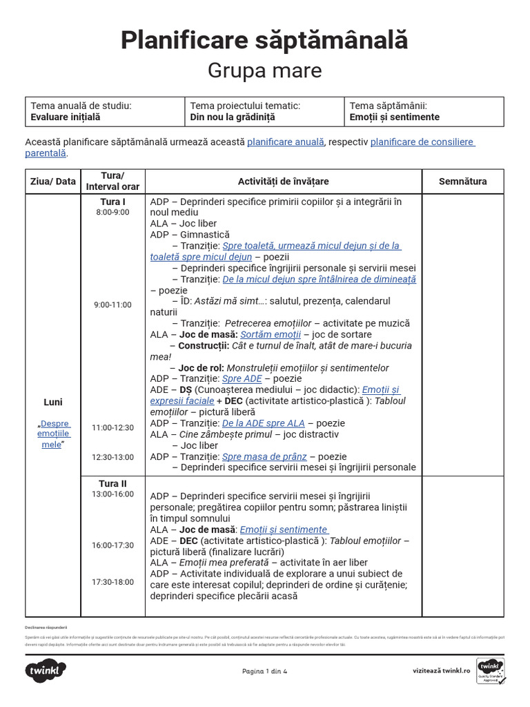 Model de Planificare Saptamanala - Saptamana Emotii Si Sentimente Grupa ...