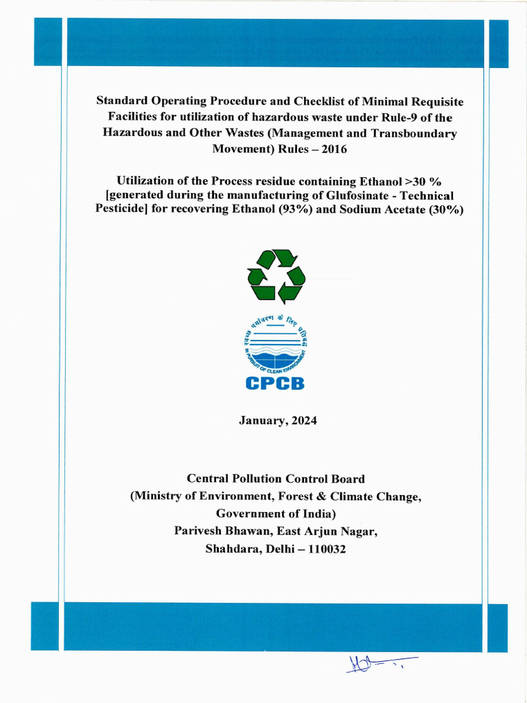 Ethanol From Glufosinate Process - SOP - CPCB - January 2024 | PDF | Waste | Hazardous Waste