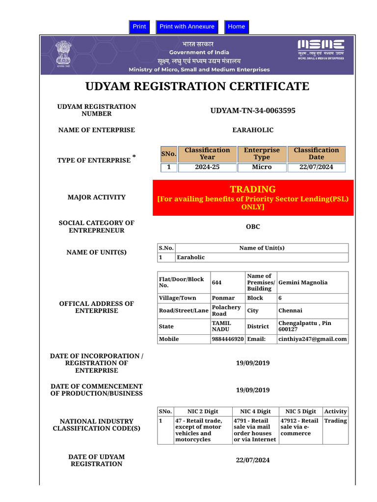 Print - Udyam Registration Certificate | PDF