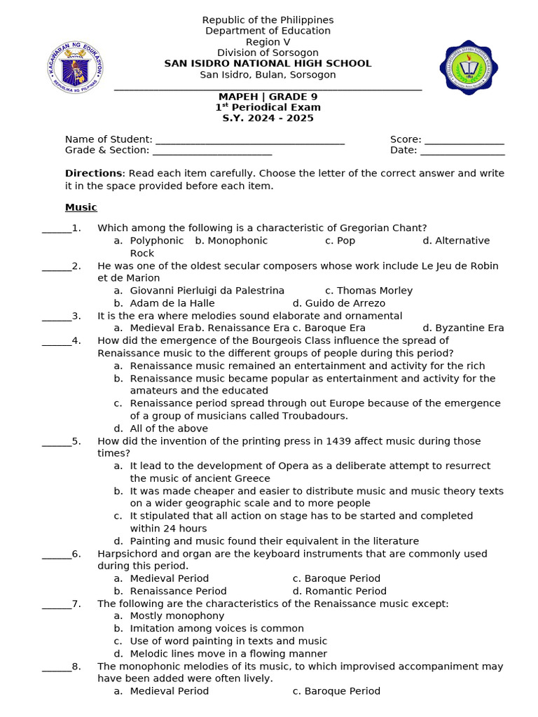 Mapeh 1ST Quarter Exam | PDF