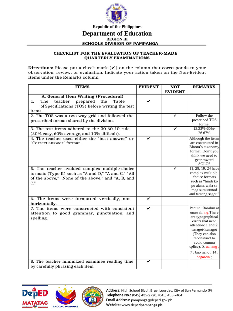 Checklist For The Evaluation of Teacher Made | PDF