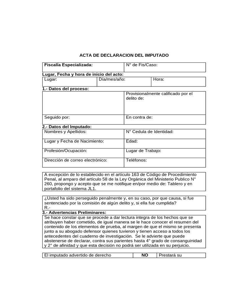 MODELO ACTA DE DECLARACION DEL IMPUTADO para Llenar | PDF