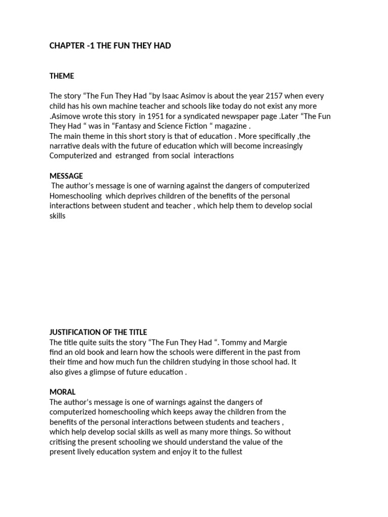 Chapter - 1 The Fun They Had: Theme | PDF