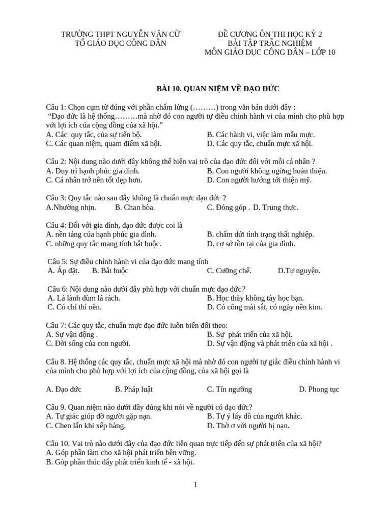 Gdcd 10 Mới- Hoc Ky 2 - Đề Cương Bai Tap Trac Nghiem - Hoc Sinh | PDF