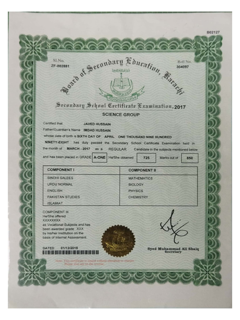 Certificate (Metric Inter) | PDF