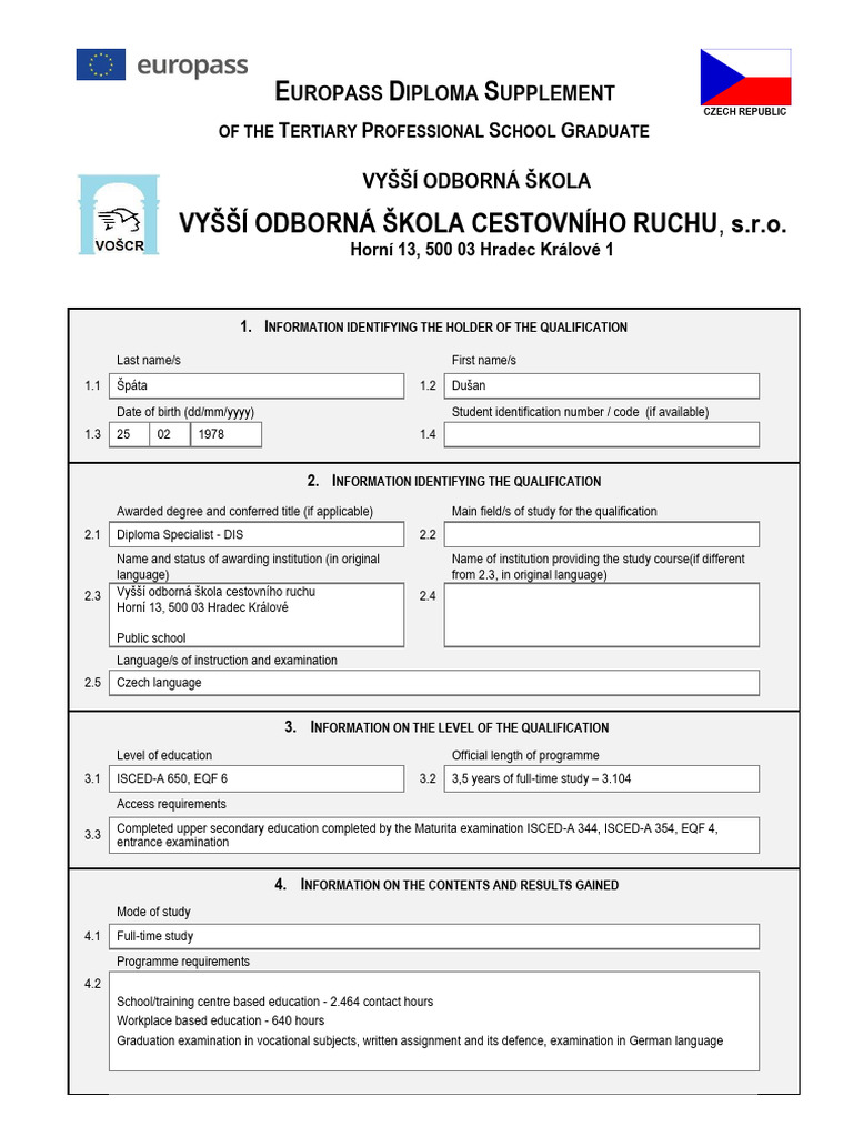 Diploma Supplement Czechia - Example - 2 - 0 | PDF