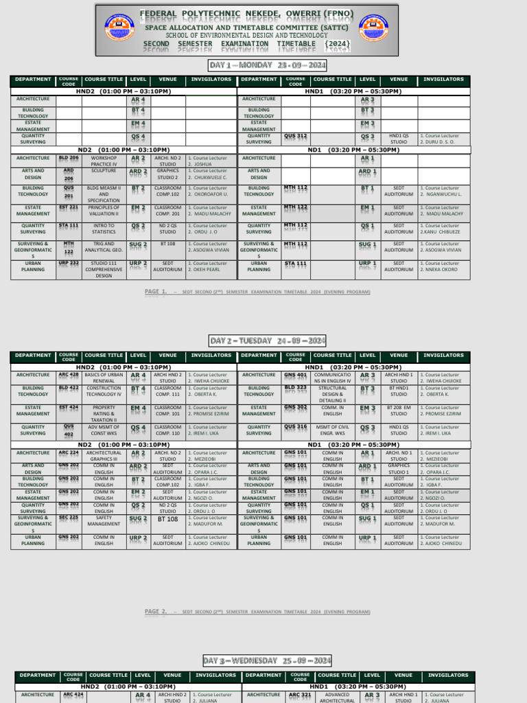 Sedt Evp Exam Timetable - 2ND 2 | PDF