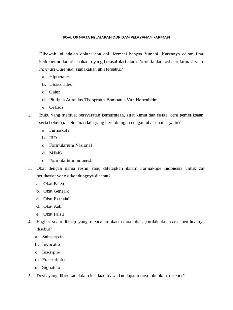 Soal Us Mata Pelajaran DDK Dan Pelayanan Farmasi | PDF