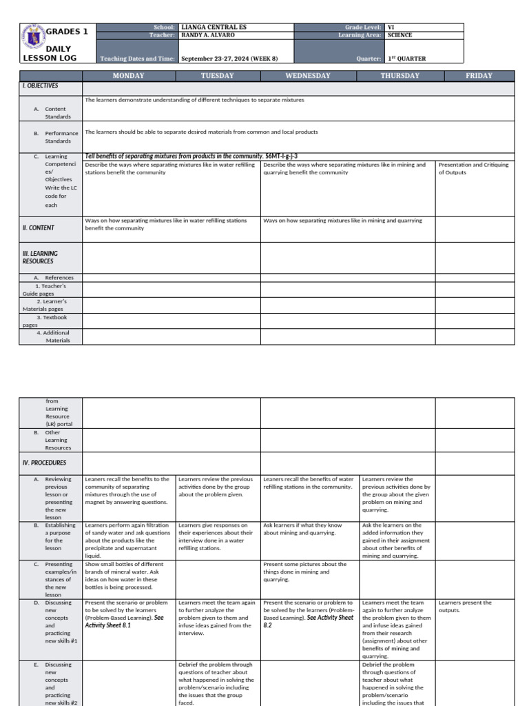 DLL - Science 6 - Q1 - W8 | PDF