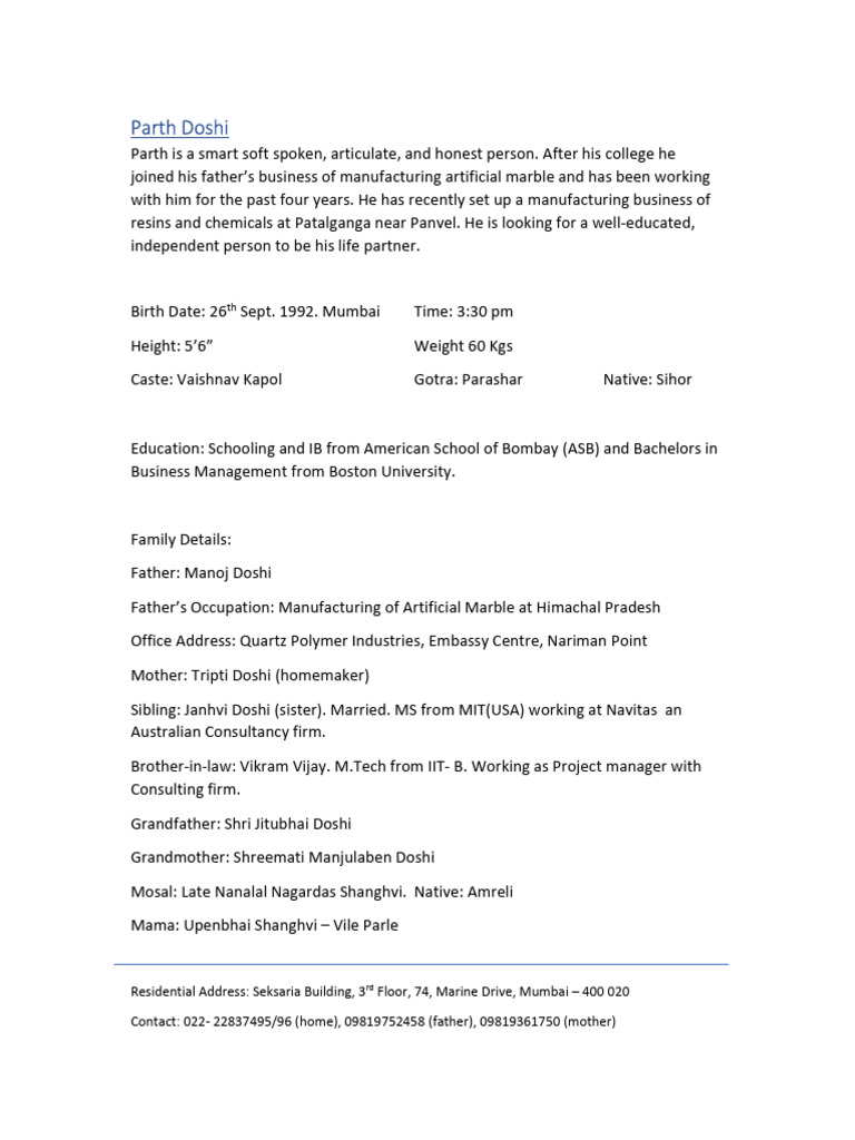 Biodata Parth D. | PDF