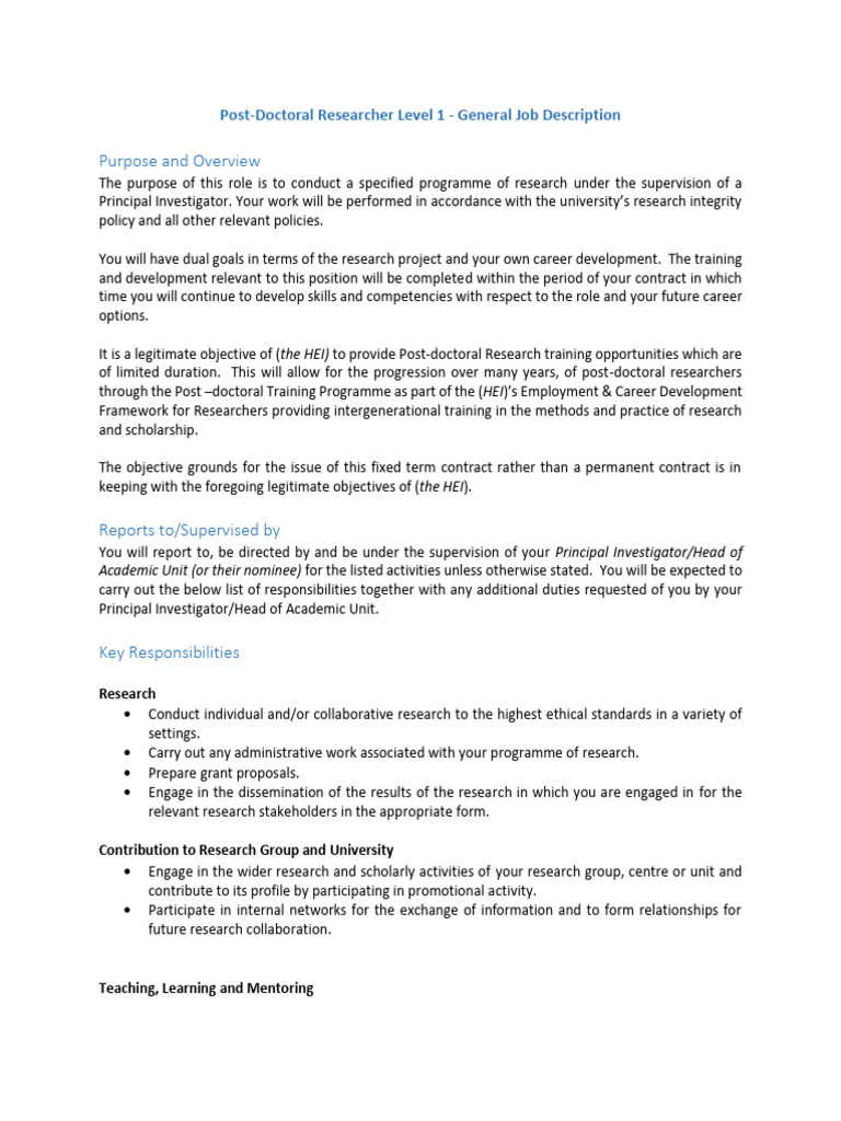 Post-Doctoral Researcher Job Overview | PDF | University | Mentorship