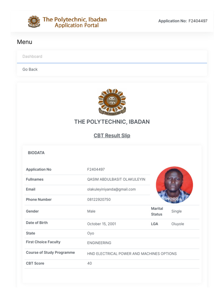 POLYIBADAN - My Application - Result Slip - Portal | PDF