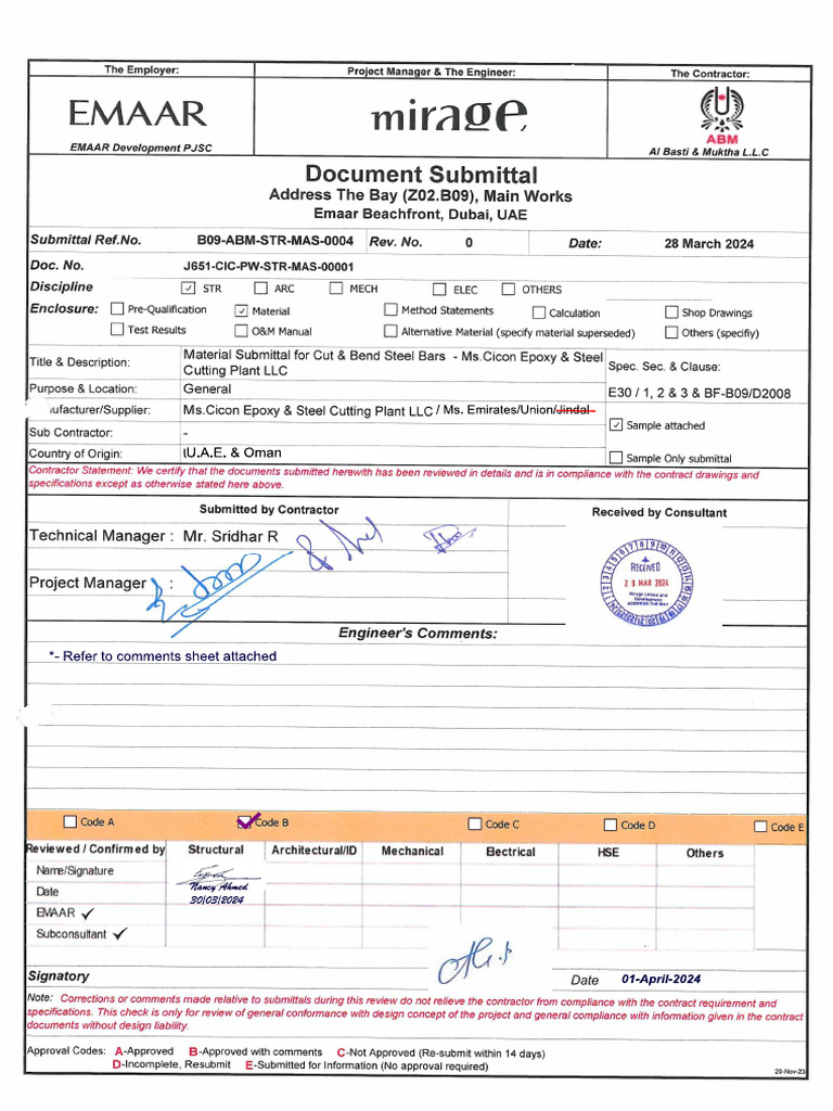 Comment Sheet- Material Submittal for Cut & Bend Steel Bars | PDF