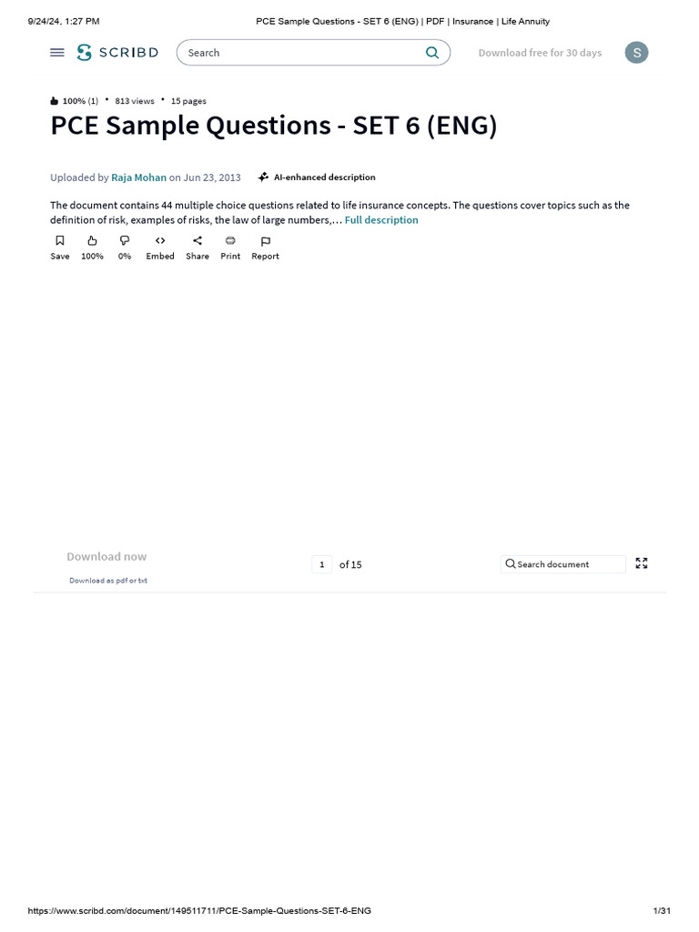 PCE Sample Questions - SET 6 (ENG) - PDF - Insurance - Life Annuity | PDF